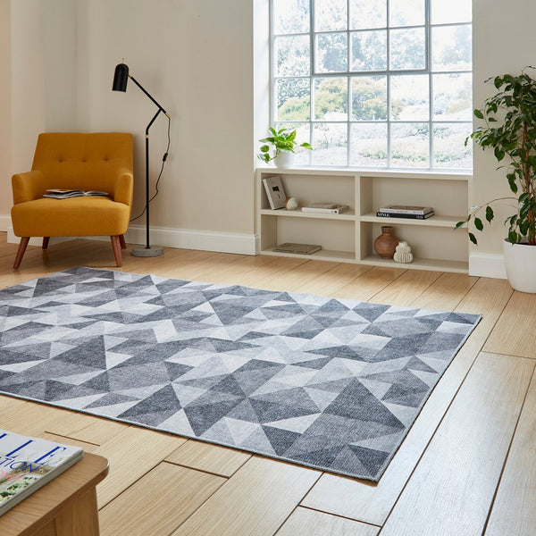 On Sale Washable Coral H1057 Modern Geometric Lightweight Printed Polyester Flatweave Grey Rug ...
