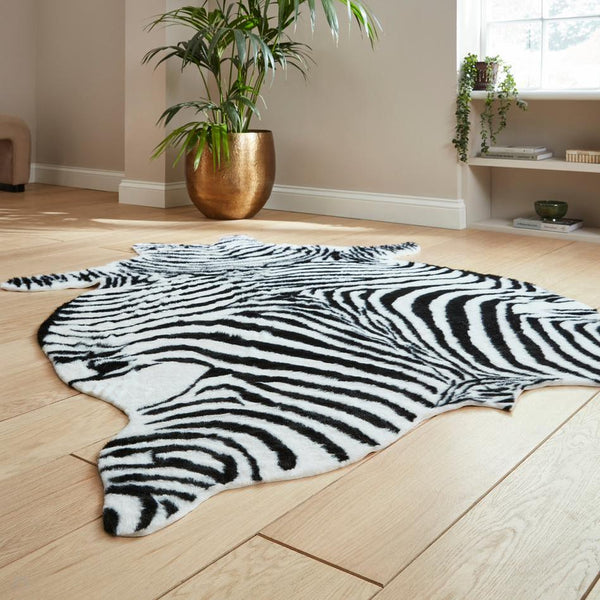 Faux Fur Zebra Print White/Black Rug