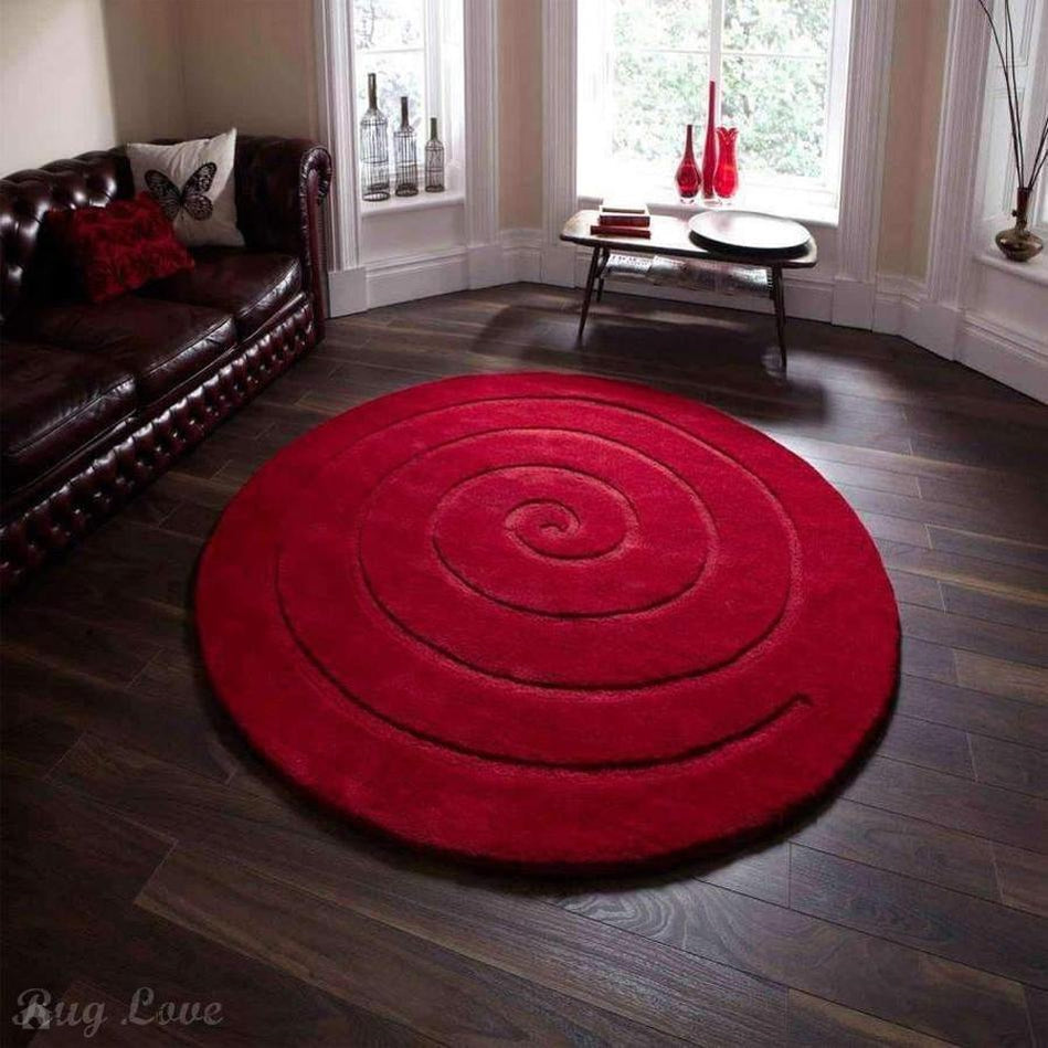 On Sale Spiral Modern Plain Hand Woven Carved Hi-Low Wool Round Red Rug ...